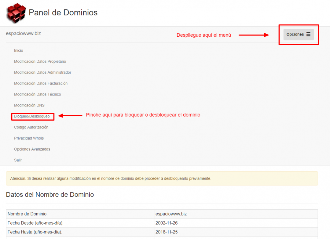 ¿Cómo modificar los datos de un dominio? | Espacio WWW | Ayuda